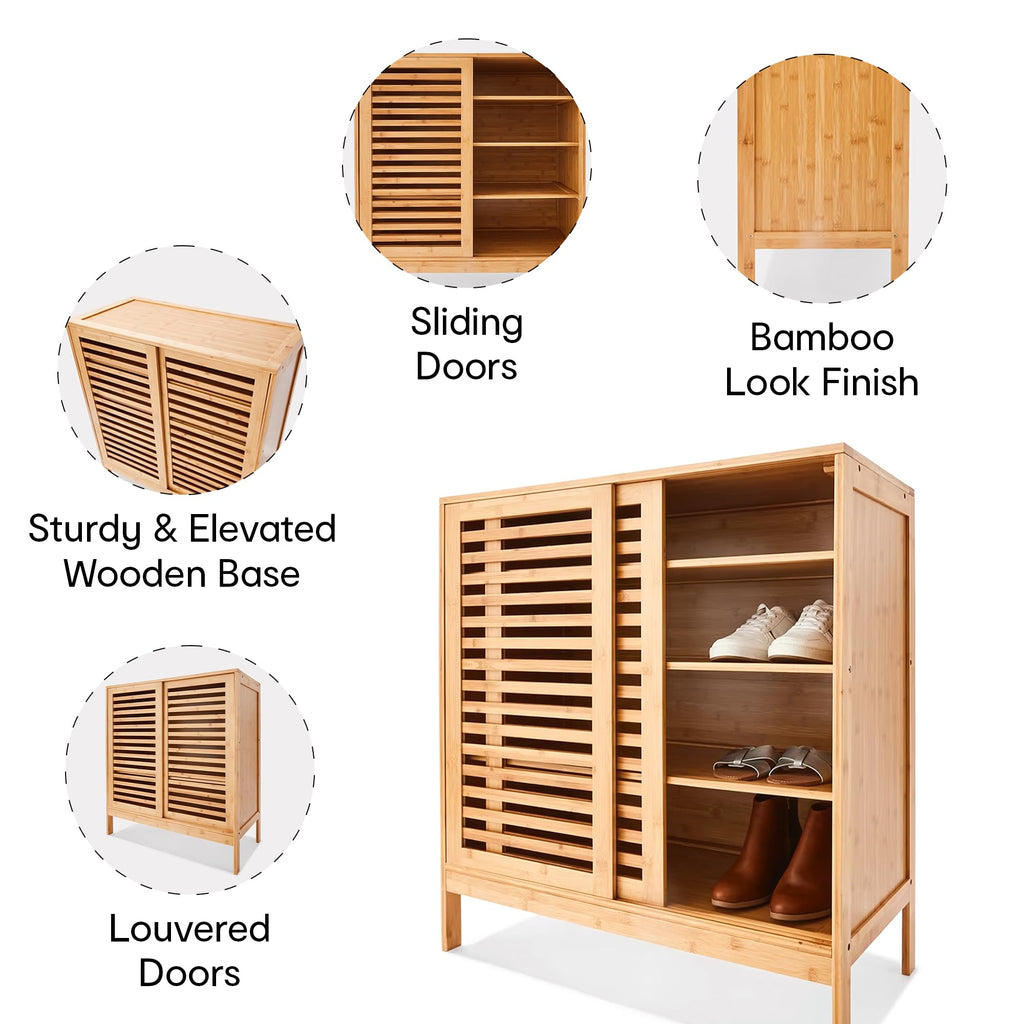 4-Tier Bamboo Shoe Cabinet with Sliding Doors|Multi-Purpose Shoe ...