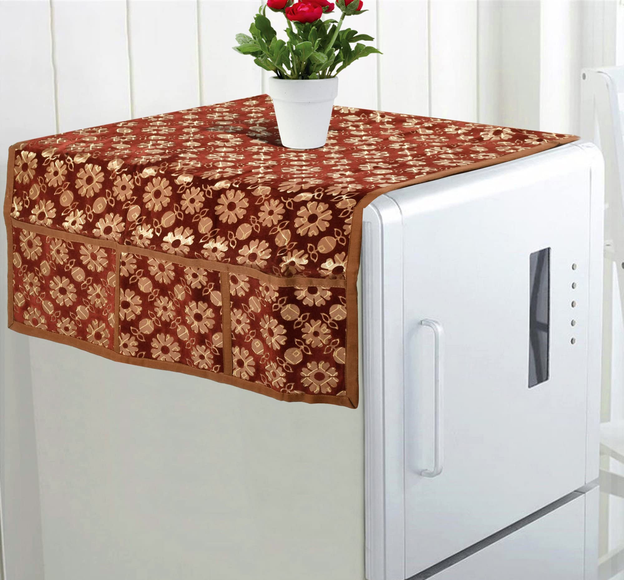 Kuber Industries Floral Design Velvet Fridge Top Cover with 4 Utility ...