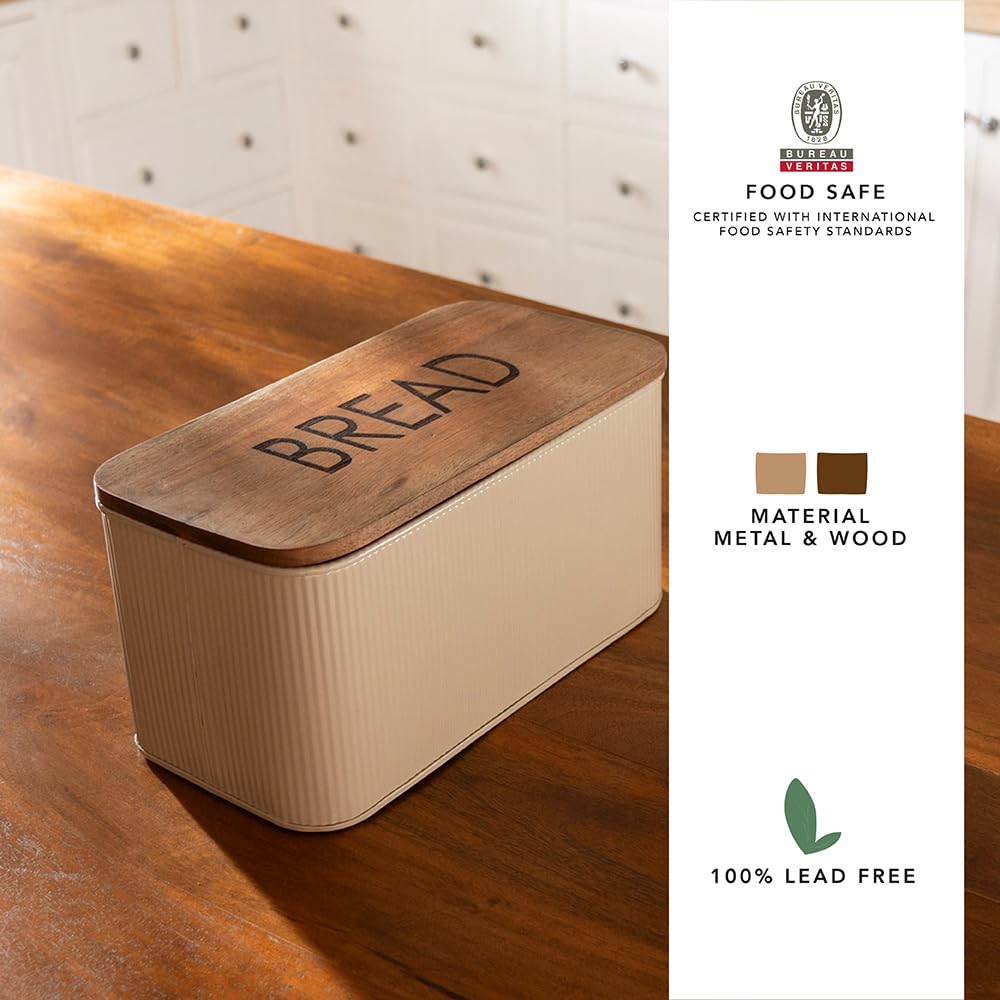 Ellementry Egg Shell Metal Bread Box With Wooden Lid| Colour: Egg ...