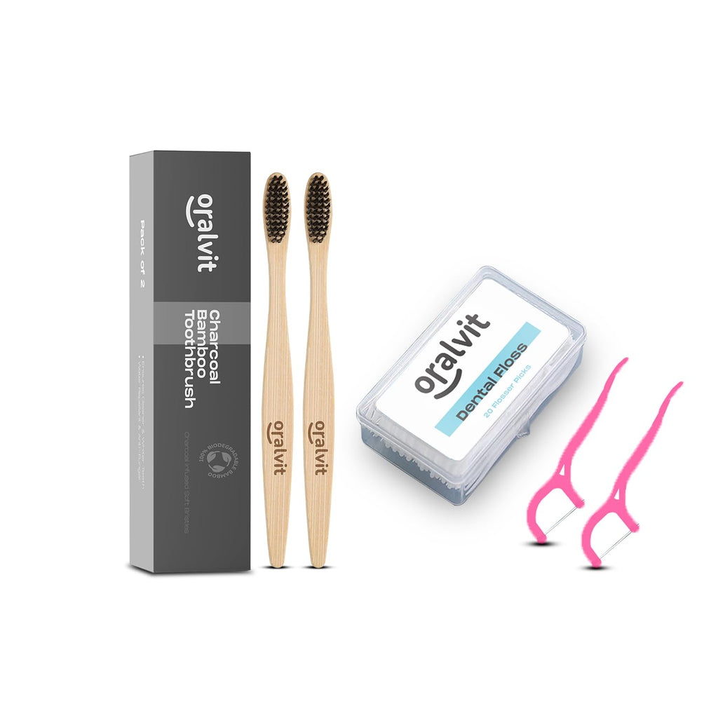 Oralvit Charcoal Bamboo Toothbrush & Dental Floss Combo, Enamel Safe ...