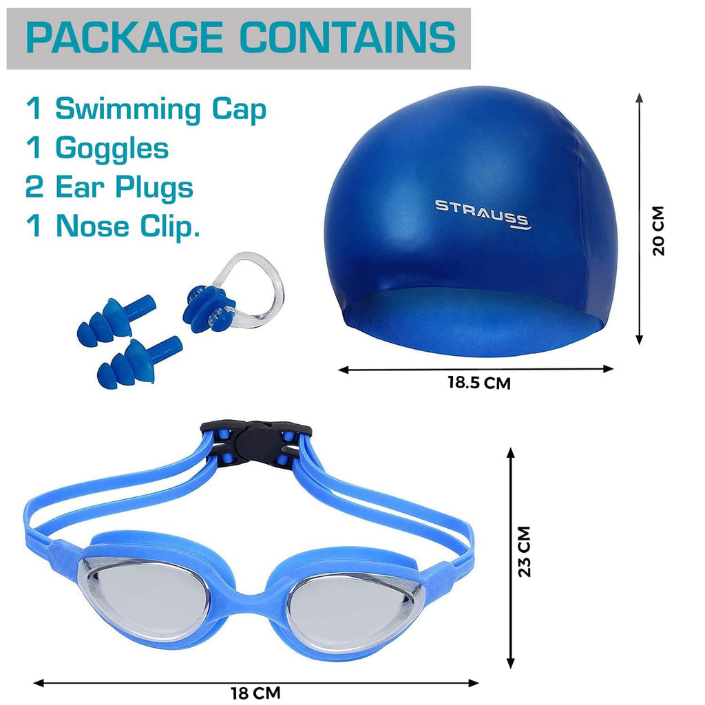 STRAUSS Swimming Kit (Silicone cap|Swimming Goggle|Earplugs|Noseplug ...