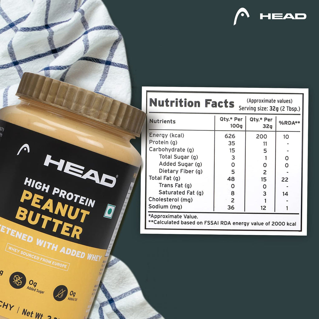 Head High Protein Peanut Butter (Unsweetened, Crunchy, 2.3Kg) | 100 ...