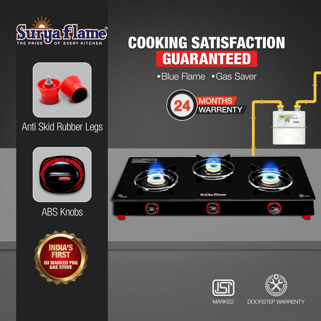 Surya Flame Smart Gas Stove, 3 Burner Glass Top, India's First ISI ...