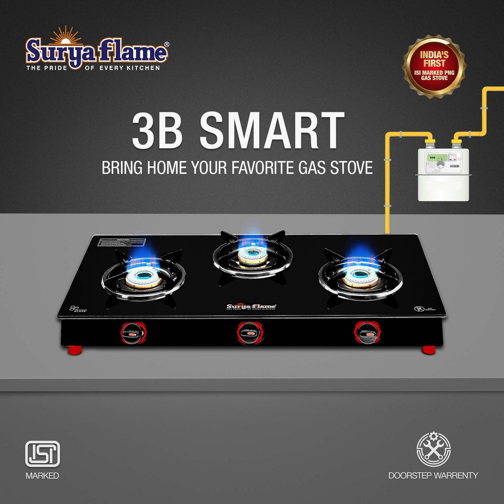 Surya Flame Smart Gas Stove, 3 Burner Glass Top, India's First ISI – GlobalBees Shop