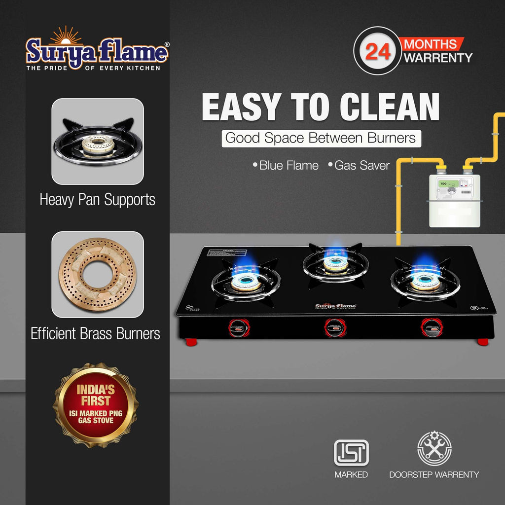 Surya Flame Smart Gas Stove, 3 Burner Glass Top, India's First ISI ...