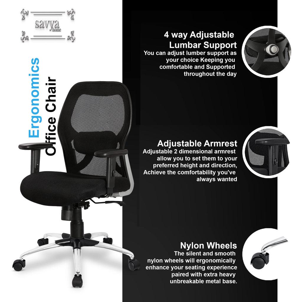 SAVYA HOME Apollo Mid Back Ergonomic Office Chair with Adjustable ...